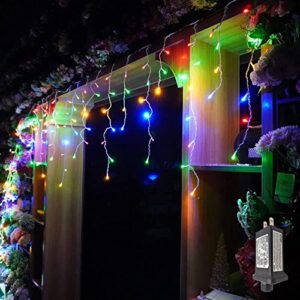 yasenn 300led icicle style string lights 29.5ft,update connectable 8 lighting modes with timer icicle lights for home garden outdoor indoor eave decor (multicolor led white cable)