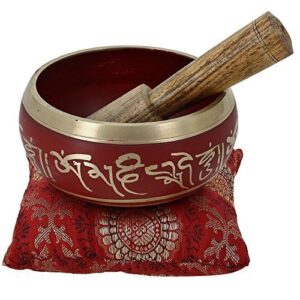 ajuny tibetan singing bowl set - handcrafted meditation brass sound bowl with stick and cushion for yoga, chakra healing, mindfulness and stress relief spiritual gifts - red