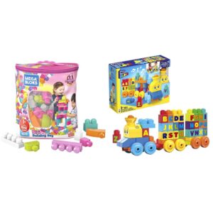 mega bloks first builders big building bag + abc musical train, building set bundle, pink bag, 130 pieces