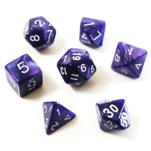 gfday set of 7 polyhedral dice (7 die in pack)- role playing game dice- d4, d8, d10, d%, d12, and d20, exclusive (purple marbled swirl)