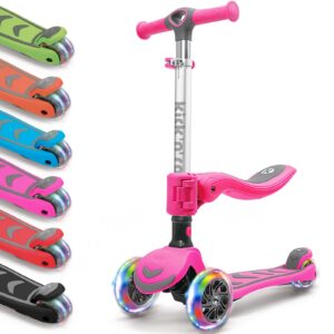 kicknroll 3 wheel scooter for kids ages 3-5, extra-wide deck lean to steer foldable toddler scooter with seat, 3 led light wheels & 4 adjustable height, 110 lbs capacity- pink 2 in 1 kids scooter