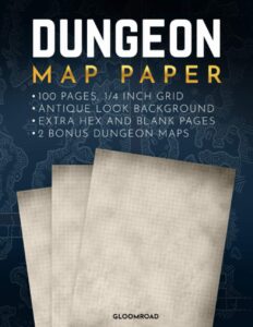 dungeon map paper: 100 textured background pages 1/4 inch grid ; rpg map making notebook with old parchment looking interior ; for map drawing, campaign planning and taking notes.