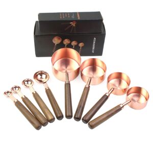 kitchen rose gold measuring spoons and cups tool set 8 piece, dual scale unit, walnut wood handle, stainless steel mirror polished for dry and liquid ingredients kitchen cooking baking set