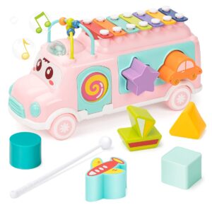 unih baby toy 12-18 months,bus xylophone for kids toy, baby toys for 1 year old boys and girls with building blocks, musical toys for toddlers 1-3, early educational toys for festival christmas