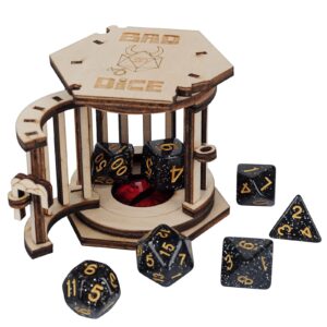 dnd dice jail prison with polyhedral dice set wood cage for your bad dice (dice jail a)