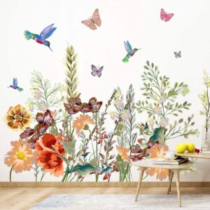 rw-146 3d flowers wall decals flower birds wall stickers colorful floral decals diy removable butterfly garden flower leaves wall art decor for kids girls bedroom living room nursery home decoration