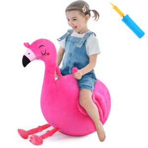 iplay, ilearn bouncy pals kids flamingo hopper ball, inflatable bouncing animal hopping toys, pink plush ride on bouncer, outdoor indoor active jumping, birthday gift for 3 4 5 6 year old girl toddler