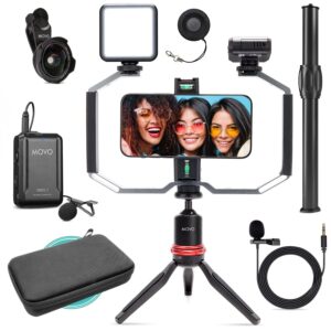 movo ivlog4 smartphone video bundle with wireless microphone system, mini tripod, led camera light, wide-angle lens - cage and cell phone tripod stand - lavalier microphone for iphone and android