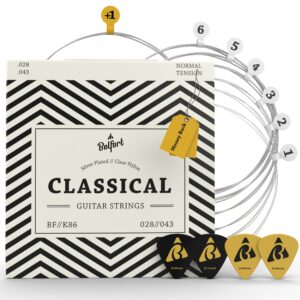 belfort® guitar strings classical guitar, strings for classical guitar made of nylon and silver, acoustic guitar (6-string set) - incl. 4 picks + extra high e-string (028//043) (028//043)