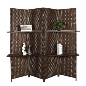 4 panels room screen divider hand-woven design room divider 6 ft high fiber freestanding privacy with wooden removable storage shelves screen suitable for living room and study, brown