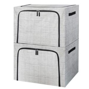 hopabto blankets storage boxes bins,72l 2pcs,large clothes organizers,double opening with 4 steel frame,foldable oxford containers for comforters,closet,bedding(gray)