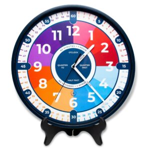 clocktopus kids learning clock. wall clock silent with stand. analog clock telling time teaching clock for kids. educational clock for kid playroom decor, classroom clock, homeschooling supplies