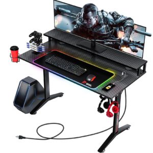 seven warrior gaming desk 40inch with rgb mouse pad & power outlet, carbon fiber surface gamer desk with monitor stand, ergonomic y shaped gamer table with cup holder, headphone hook, outlet organizer