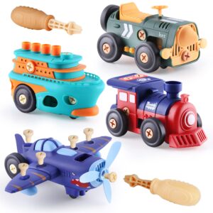 iplay, ilearn take apart toy vehicle playset, kids assembly build set w/screwdriver, vintage electronic motor car boat airplane train, preschool stem, birthday gifts for 3 4 5 6 7 year old boys girls