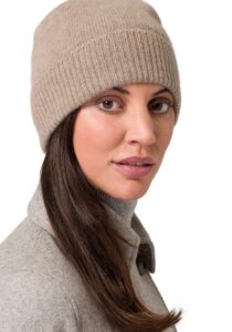 style republic women’s ribbed cuff beanie, 100% cashmere, soft & stretchy with ribbed edge, warm hat for winter (nougat)