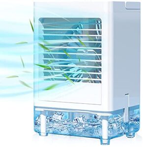 portable air conditioner, rechargeable evaporative air cooler, 800 ml water tank, 5000mah battery operated with cooling and 3 speeds function, personal air cooler for home office and room