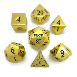 gold metal d20 f*** dice set critical fail f 20 sided die set dnd black gunmetal color number for role playing game dungeons and dragons d&d pathfinder shadowrun and math teaching