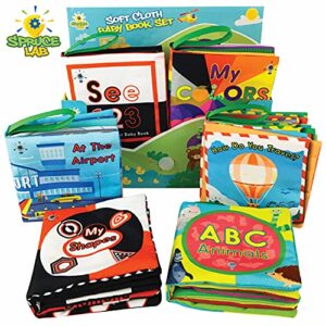 spruce lab educational soft baby books - 6 cloth book set - early learning sensory development for babies - crinkle touch and feel toddler toy - high contrast infant toys - boy/girl baby shower 0-2 yr