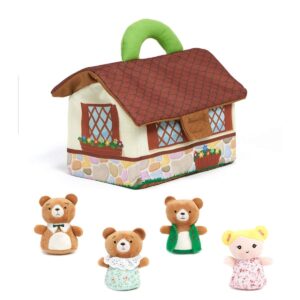 cuddle barn - goldilocks storytime playset | children's story goldilocks and the three bears stuffed animal portable house plush playset, 4 plush characters, 7 inches