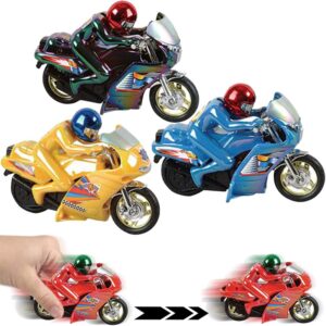 artcreativity motorcycle toys for kids, set of 3, push and go friction powered toy motorbikes, cool toys for boys, girls, fun birthday party favors, unique cake toppers, assorted colors