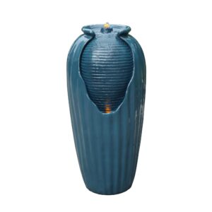 teamson home 32 in. outdoor contemporary glazed contoured vase water fountain with led lights to create a calming oasis in gardens and landscaping, on patios, balconies, lawns, teal blue