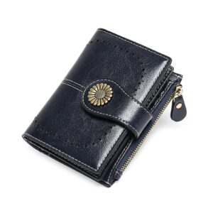 wallets for women small bifold rfid blocking genuine leather wallet vintage zipper short card holder ladies purse elegant clutch with id window (dark blue)