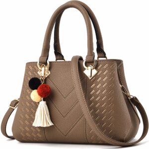 younxsl womens leather handbags purses top-handle totes satchel shoulder bag for ladies with pompon and tassel khaki