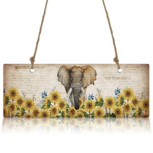 wooden signs 11" x 4", retro sunflower sign home decor wood plaque hanging wall art, decorative door garden sign with rope, wild anima elephant with blooming sunflowers