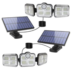 solar lights outdoor indoor - led solar motion sensor lights 3 adjustable heads 270° wide angle: security flood light ip65 waterproof solar powered wall lights with remote control & 16.5 ft cables