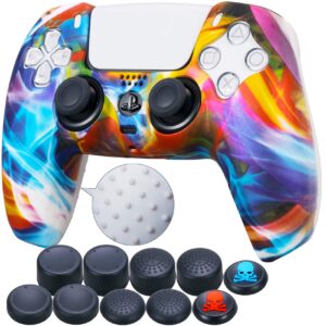 9cdeer 1 piece of silicone transfer print protective cover skin + 10 thumb grips for playstation 5 / ps5 controller rainbow