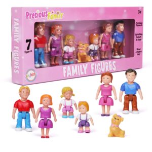 playkidz family figures - set of 7 small toy people for dollhouse play, includes parents, sibling, and pet - doll house accessories for children