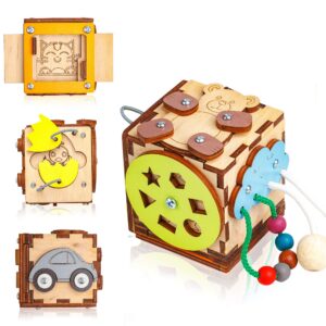 wooden activity cube for toddlers 1-3 year 6in1 car lacing beads puzzles - 3.15 х 3.15 h - sensory busy board – travel plane handmade fidget toys – baby kids montessori activities