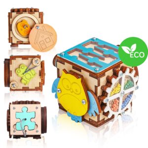 wooden activity cube for toddlers 1-3 year - 6in1 owl puzzles maze 3.15 х 3.15 inch - sensory busy board – travel car plane handmade fidget toys – baby kids montessori activities