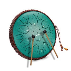 14 inch 15 note steel tongue drum qingshi percussion instrument lotus hand pan drum with drum mallets carry bag，used for music education concert spiritual healing yoga meditation (green)