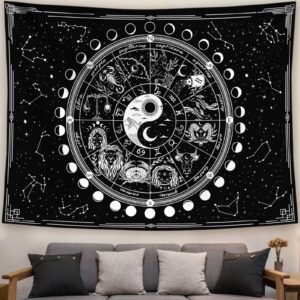 kanuyee twelve constellation tapestry,black and white ，sun and moon ，yin and yang tapestry mystic wall hanging tapestry for home decor (35"x47")