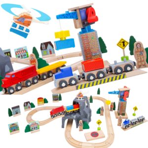 orbrium lift and load wooden train set with magnetic crane, magnetic helicopter, large diesel engine, semi-truck, shipping container flat car compatible with thomas, brio, chuggington, melissa & doug