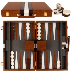 backgammon set - 15 inch classic backgammon board game sets handheld - backgammon sets for adults and kids - brown faux leather case - instruction