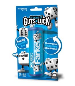 imagination gaming farkel dice tube, the classic addictive game of guts & luck, family-friendly fun, game night entertainment, 6 farkel dice, rules, farkle, players 2+, ages 8+