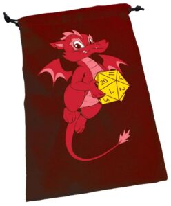 dice dragon dice bag | large drawstring bag 6” x 9” | printed fabric | holds over 100 dice | two meeple dice | rpg bag | roleplaying game bag | tabletop adventure game bag | from steve jackson games red