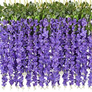 24 pack wisteria flower vines garland, 3.75 feet artificial flower strings, fake hanging flowers, silk wisteria garland flowers, wisteria vine for wedding, garden, wall decoration (purple blue)