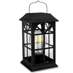 shymery solar lantern outdoor garden hanging lanterns decorative light warm white led vintage edison waterproof lamps for patio porch table pathway country courtyard party yard decortions (black)