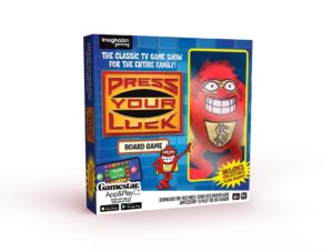 press your luck card game with whammy plush toy, bring the classic tv game show home, full of trivia, tactics, choices, and chances, play with family and friends, remote home entertainment