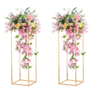 nuptio 2 pcs metal flower floor vase column flower stand geometric centerpieces vase for tables, 80cm/31.5in tall gold flower holder for home party wedding decorations, rectangular flower display rack