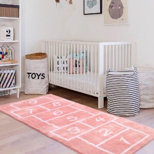 livebox hopscotch kids runner rug 28’’x 71’’, soft plush play mat non-slip garden numbers collection educational & fun throw rugs for boys&girls playroom bedroom best shower gift (pink)