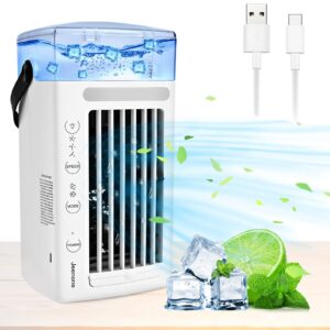 jeenone portable air conditioner fan, 5 in 1 usb personal evaporative air cooler with 3 speeds, personal air conditioner with 8 colors light humidifier misting fan for office, home, travel