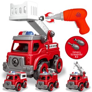 4-in-1 take apart toys truck with electric drill, diy assembly fire truck toy vehicles, kids stem building educational cars toys, birthday gifts for age 3 4 5 6 7 8 years old boys girls