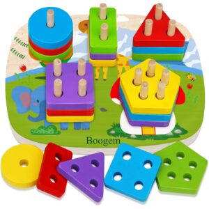 montessori toys for 1 2 year old toddlers baby boys girls - wooden educational sorting & stacking toys for children kid - shape sorter color learning toy preschool geometric board blocks