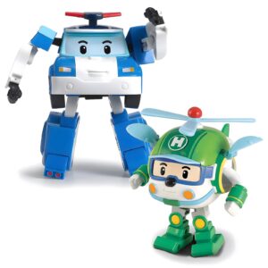 robocar poli 2 pack poli + helly transforming robot toys, 4" transformable action figure toy,emergency vehicle playset, holiday birthday rescue team car toys gift for boys girls age 1 2 3 4 5