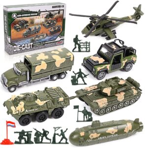 die-cast military vehicles toy set, 6 pack alloy army toys playset with army men action figures, tank, panzer, helicopter, truck, submarine for kids boys toddlers