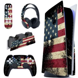 playvital us flag the stars & stripes full set skin decal for ps5 console disc edition, sticker vinyl decal for ps5 controller & charging station & headset & media remote